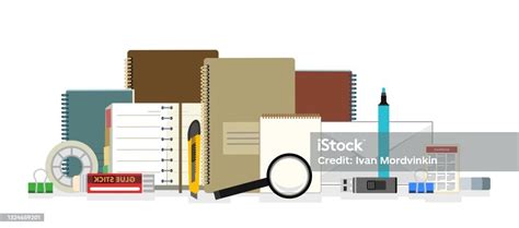 문방구 사무실 학교 및 창의성을위한 상품 흰색 배경에 격리된 개체입니다 벡터 메모장에 대한 스톡 벡터 아트 및 기타 이미지 메모장 연필 펜 Istock