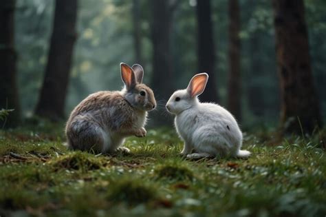 Two Rabbits Are Sitting In The Grass In The Forest Premium Ai Generated Image