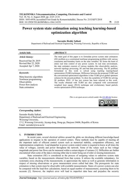 Power System State Estimation Using Teaching Learning Based Optimization Algorithm Pdf