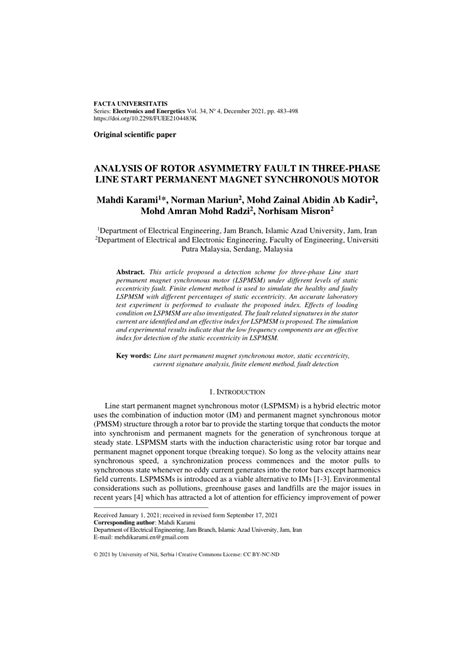 Pdf Analysis Of Rotor Asymmetry Fault In Three Phase Line Start Permanent Magnet Synchronous Motor