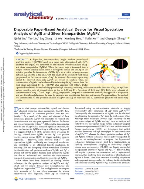 Pdf Disposable Paper Based Analytical Device For Visual Speciation Analysis Of Ag I And