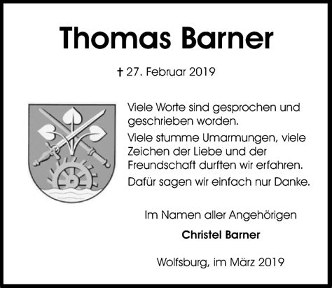 Traueranzeigen Von Thomas Barner Trauer Anzeigende