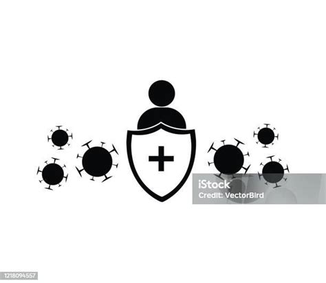 면역 체계 벡터 아이콘 로고입니다 건강 박테리아 바이러스 보호 의료 예방 인간의 세균 건강한 남자는 방패로 박테리아의 공격을 반영합니다 의학 개념 그림으로 면역력 향상 면역