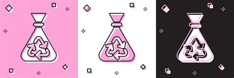 분홍색과 흰색 검은 색 배경에 격리 된 재활용 기호 아이콘으로 쓰레기 봉투를 설정합니다 휴지통은 아이콘을 만들 수 있습니다