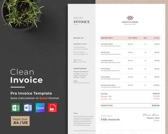 Custom Digital Excel Invoice Template Auto Calculation In Etsy