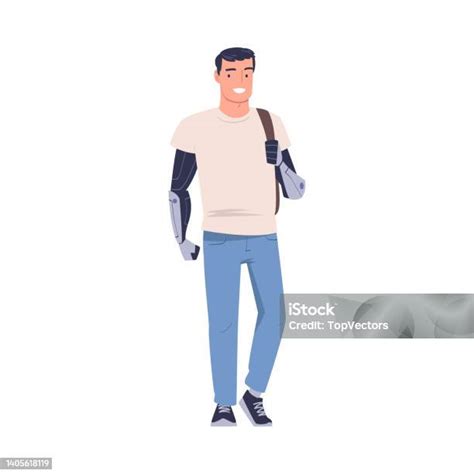 신체 부위 보철물로 로봇 팔을 교체한 해피 맨 캐릭터 정상적인 기능 벡터 일러스트레이션 복원 건강관리와 의술에 대한 스톡 벡터 아트 및 기타 이미지 Istock