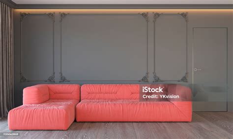 살아있는 산호 소파 벽 몰딩 천장 백라이트 나무 바닥 문과 커튼 현대 고전적인 회색 인테리어 3d 렌더링 그림 이랑 0명에 대한 스톡 사진 및 기타 이미지 Istock