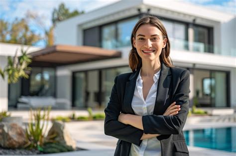 Premium Photo Young Beautiful Female Real Estate Agent Near Modern