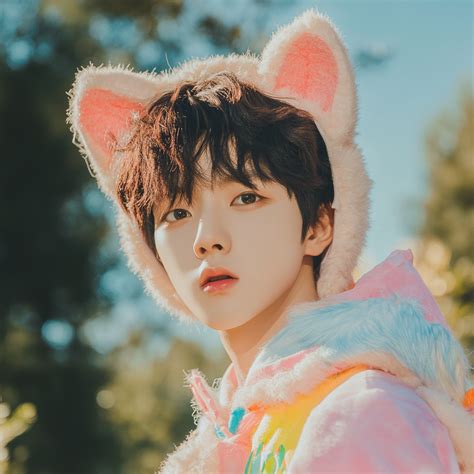 귀여운 고양이 귀와 꼬리를 가진 15세 한국 남성 밝은 표정과 활기찬 포즈 자연광 아래에서 놀고 있는 모습 귀여운 고양이 의상과 액세서리 배경은 화창한 공원