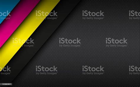 Cmyk 색상과 육각 메쉬 패턴의 줄무늬와 검은 현대 재료 배경 비즈니스를 위한 템플릿입니다 벡터 추상 와이드스크린 배경 Cmyk에 대한 스톡 벡터 아트 및 기타 이미지
