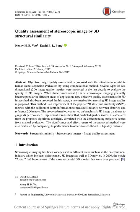 Quality Assessment Of Stereoscopic Image By 3d Structural Similarity Request Pdf