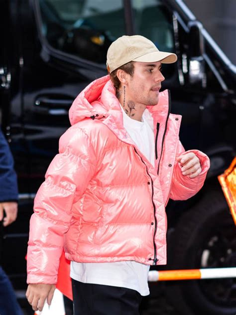 Justin Bieber Pink Puffer Jacket Bubblegum Pink Hooded Jacket