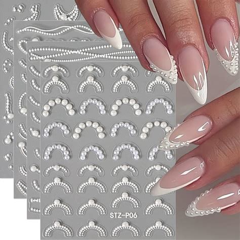 Relief White Pearls French Tip Nail Stickers For Nail Art