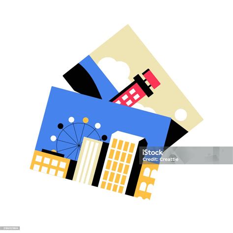 도시 관광 여행 목적지 및 관광을 상징하는 평면 벡터 일러스트 레이 션의 상징적 인 랜드 마크가있는 도시 풍경 엽서 흰색 배경에 고립 된 0명에 대한 스톡 벡터 아트 및