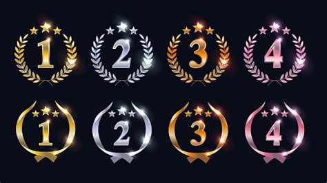 골드 실버 브론즈 로즈 골드 랭킹 메달 1 2 3 4 위 월계관 및 리본 상 벡터 세트 1위에 대한 스톡 벡터 아트 및 기타 이미지 Istock