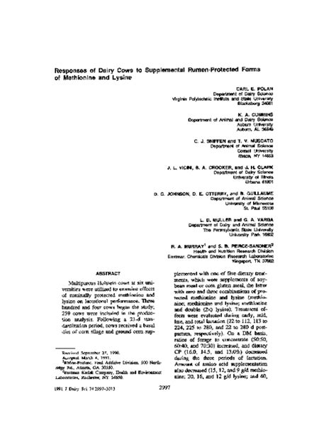 Pdf Responses Of Dairy Cows To Supplemental Rumen Protected Forms Of