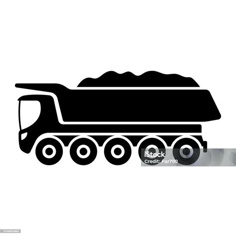 큰 광산 덤프 트럭 아이콘 블랙 실루엣 측면보기 벡터 간단한 평면 그래픽 일러스트레이션 흰색 배경에 격리된 개체입니다 격리 덤프 트럭에 대한 스톡 벡터 아트 및 기타 이미지