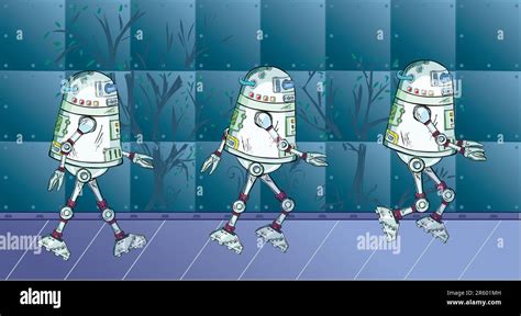 Robot Movement In Three Stages On The Futuristic Background Stock