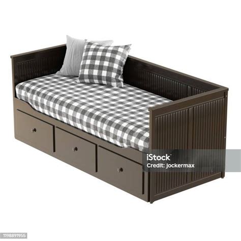 체크 베개 2개와 흰색 배경에 매트리스가 있는 나무 갈색 소파 3d 렌더링 오토만 스툴에 대한 스톡 사진 및 기타 이미지 오토만 스툴 컷아웃 회색 Istock
