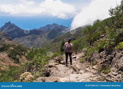 Pico Verde Woman With Backpack Descending Pico Verde With View On The