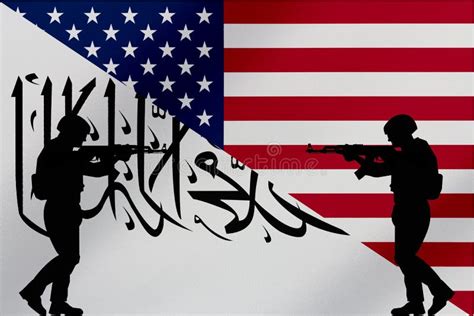 Soldier Or Police In Combat Position With Rifle With Taliban And United