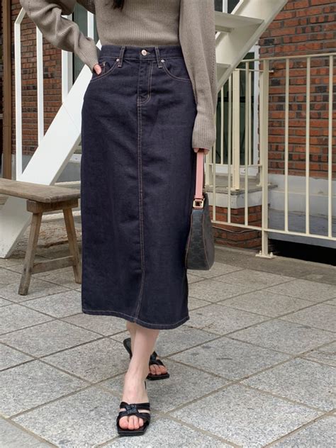 카라 로우 데님 롱스커트