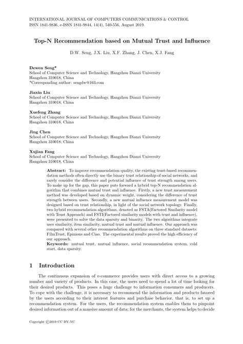 Pdf Top N Recommendation Based On Mutual Trust And Influence