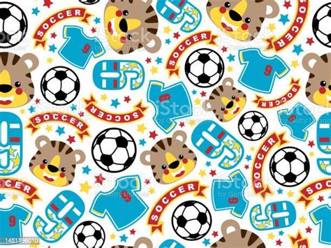 축구 요소가 있는 재미 있는 호랑이 미소 얼굴의 매끄러운 패턴 벡터 Soccer Tournament에 대한 스톡 벡터 아트 및