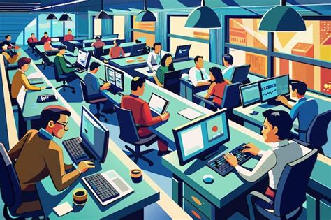 Premium Vector Illustration Of A Busy Office Environment With Multiple Workers At Desks Using