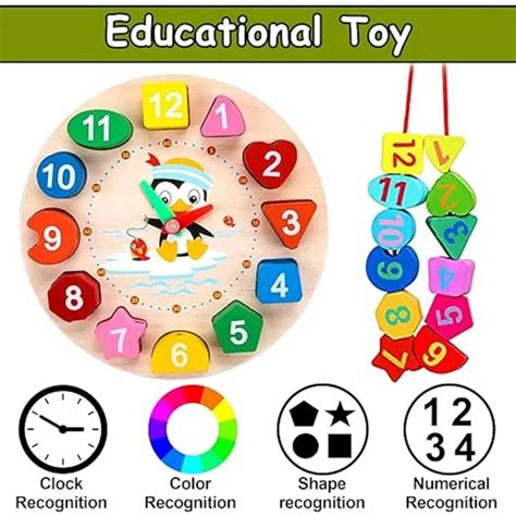 Wooden Learning Clock With Bead Lace Educational Digital Analog Numbers Shape And Color At