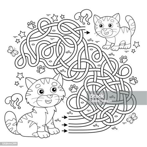 미로 또는 미로 게임 수수께끼 얽힌 도로 새끼 고양이와 만화 고양이의 색칠 페이지 개요 아이들을위한 색칠 공부책 0명에 대한 스톡 벡터 아트 및 기타 이미지 Istock