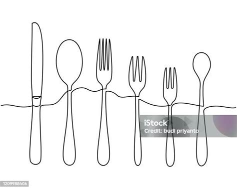 연속 한 선 그리기 포크 숟가락 칼 접시 및 모든 먹고 요리 기구 레스토랑 로고 케이크 명함 배너 및 기타에 사용할 수 있습니다 흑백 벡터 일러스트레이션 음식에 대한 스톡