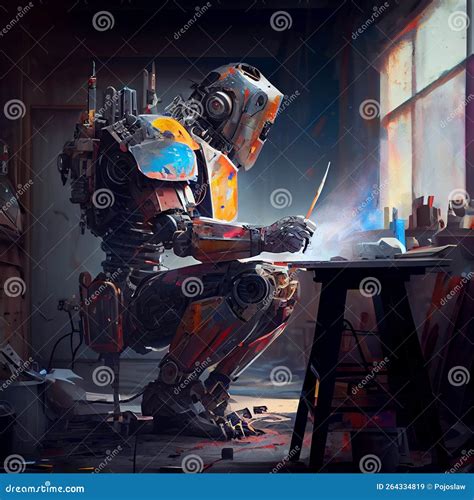 Artificial Inteligence Humaniod Robot Creating Images Futuristic Concept Stock Illustration