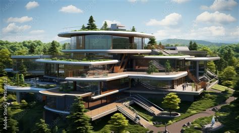 Bfuturistic Luxury Mansion With Green Roof And Large Windows Stock