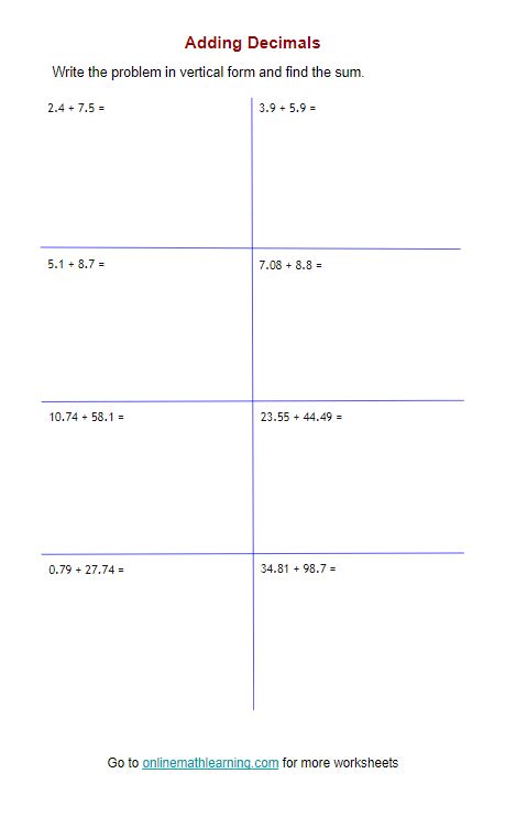 Adding Decimals Worksheets Answers Printable Online Grade 3