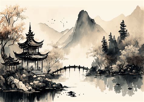 다리와 누각 수묵화 배경 다리 교량 정자 배경 일러스트 및 사진 무료 다운로드 Pngtree