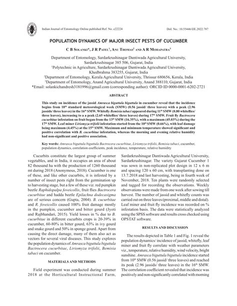 Pdf Population Dynamics Of Major Insect Pests Of Cucumber