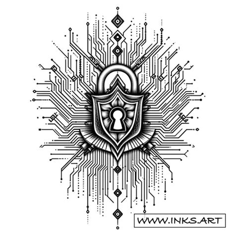Tattoo Design Cybersecurity Circuit Shield Binary Aesthetic Style Blackwork
