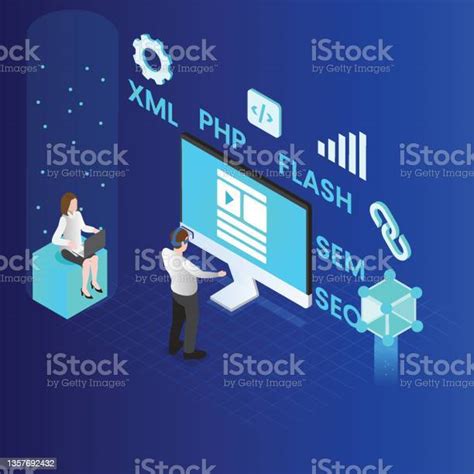 웹 사이트 개발자가 메타버스에서 함께 작업하여 웹 사이트 isometric 3d를 구축합니다 php 프로그래밍 언어에 대한 스톡 벡터 아트 및 기타 이미지 istock