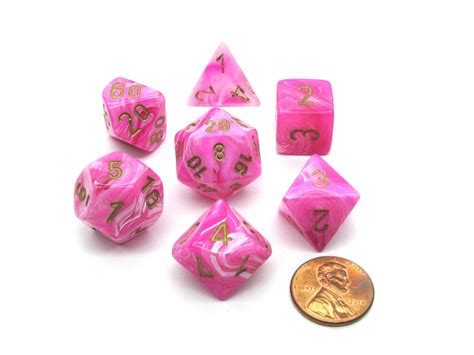 Polyhedral 7 Die Vortex Chessex Dice Set Pink With Gold — Pippd