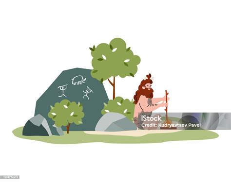 예술 그림과 불과 바위 근처에 앉아 석기 시대의 원시 동굴 남자 남자 혈거인에 대한 스톡 벡터 아트 및 기타 이미지 남자 혈거인 불 고대 문명 Istock