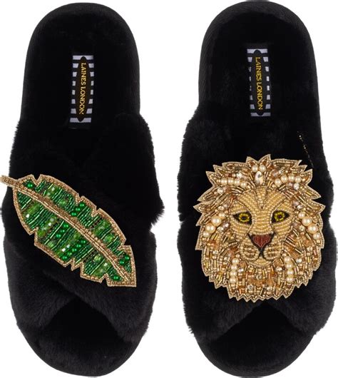 Laines London Classic Laines Slippers With Artisan Golden Lion And Leaf Brooches Black Shopstyle