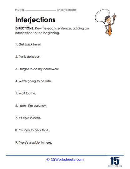 Interjections Worksheets Writing With Interjections Worksheet