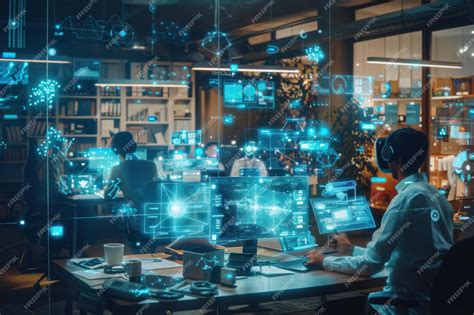 Futuristic Smart Office With Digital Workspace And Hightech Interactive Interface Premium Ai