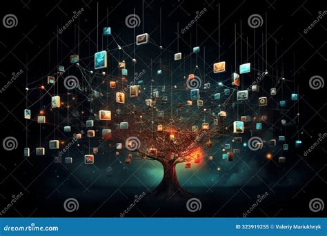 Complex Network Tree Structure With Glowing Image Nodes In Dark Background Generative Ai Stock