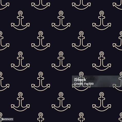 작은 베이지색 등고선은 진한 파란색 배경에 고립된 선박 앵커입니다 흑백 완벽 한 패턴입니다 벡터 간단한 평면 그래픽 그림입니다 텍스처 고풍스런에 대한 스톡 벡터 아트 및
