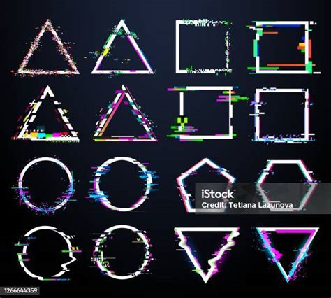 글리치 화이트 프레임 왜곡 된 원 사각형 및 삼각형 및 다각형 모양 Tv 왜곡 형상 그림 글리치 이미지 기법에 대한 스톡 벡터