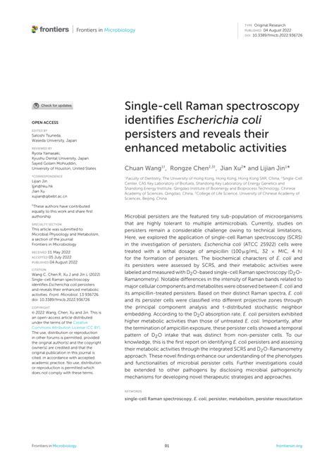 Pdf Single Cell Raman Spectroscopy Identifies Escherichia Coli Persisters And Reveals Their