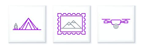 액션 비디오 카메라 관광 텐트 장작불 우편 우표 산 아이콘으로 비행하는 드론을 설정합니다 벡터 Emergency Shelter에 대한 스톡 벡터 아트 및 기타 이미지
