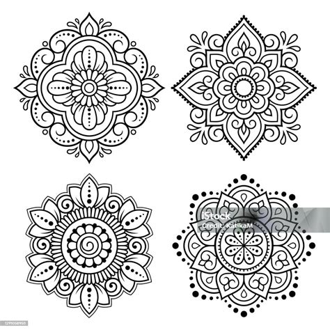 헤나 멘디 문신 장식에 대한 꽃만다의 형태로 원형 패턴의 세트 민족 동양 스타일의 장식 장식 윤곽 낙서 손 그리기 벡터 그림 0